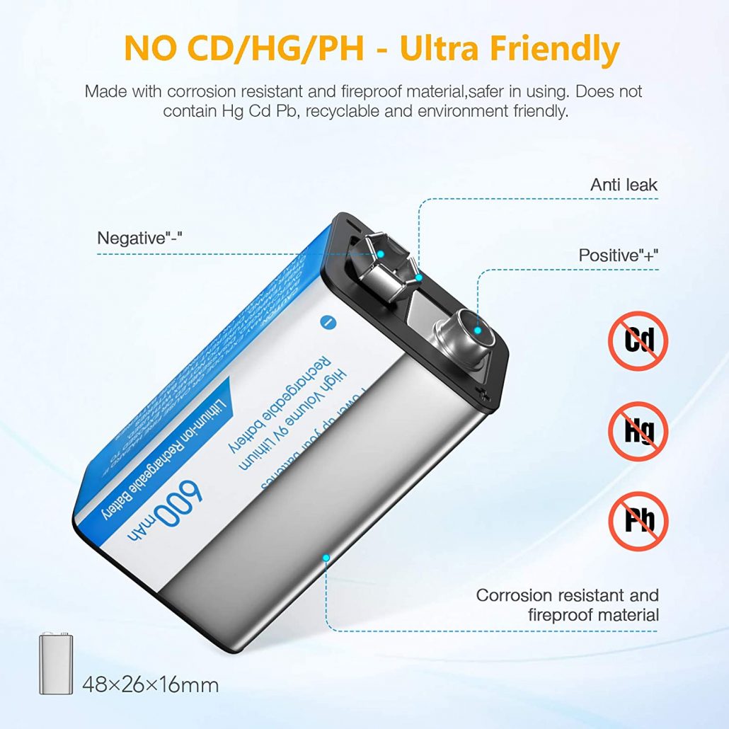 POWXS 9V Rechargeable Battery (4 Pack), 600mAh High Capacity Lithium 9 ...