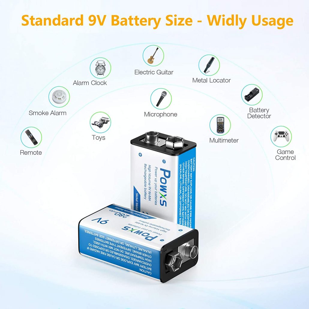 POWXS 9V Rechargeable Battery 4 Pack (280mAh) NIMH Long Lasting 9 Volt ...