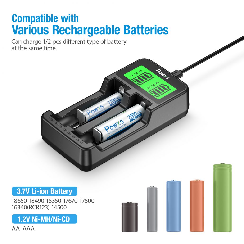 POWXS LCD Universal 18650 Battery Charger for 3.7V Li-ion Rechargeable ...