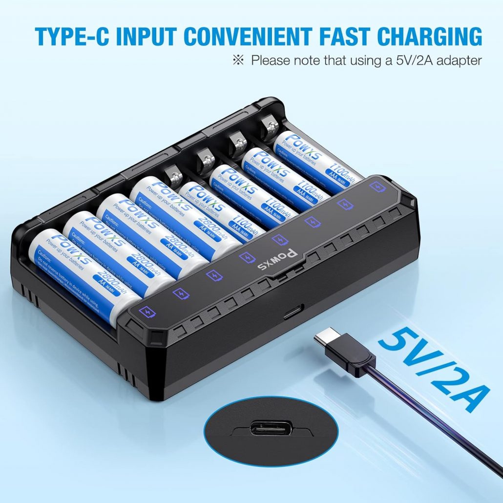 POWXS AA AAA Battery Charger Pro, 8 Independent Slot and Type-C Fast ...